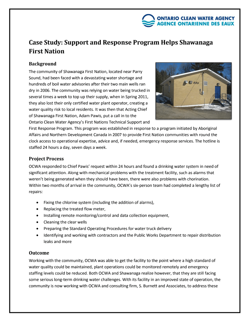 Support and Response Program Helps Shawanaga First Nation - OCWA